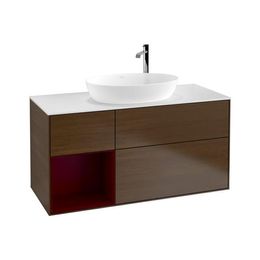 Villeroy & Boch Villeroy und Boch Finion Waschtischunterschrank F941HBGN 120cm, Abdeckplatte white matt, Regale Peony matt lacquer, Walnut veneer