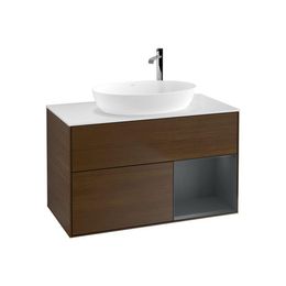Villeroy & Boch Villeroy und Boch Finion Waschtischunterschrank F901HGGN 100cm, Abdeckplatte white matt, Regale Midnight matt lacquer, Walnut veneer