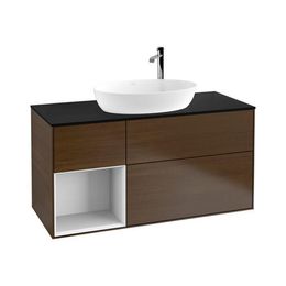 Villeroy & Boch Villeroy und Boch Finion Waschtischunterschrank F942GFGN 120cm, Abdeckplatte black matt, Regale Glossy white lacquer, Walnut veneer