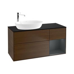 Villeroy & Boch Villeroy und Boch Finion Waschtischunterschrank F932HGGN 120cm, Abdeckplatte black matt, Regale Midnight matt lacquer, Walnut veneer