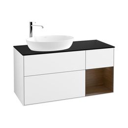 Villeroy & Boch Villeroy und Boch Finion Waschtischunterschrank F932GNGF 120cm, Abdeckplatte black matt, Regale Walnut Veneer, Glossy white lacquer