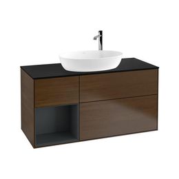 Villeroy & Boch Villeroy und Boch Finion Waschtischunterschrank F942HGGN 120cm, Abdeckplatte black matt, Regale Midnight matt lacquer, Walnut veneer