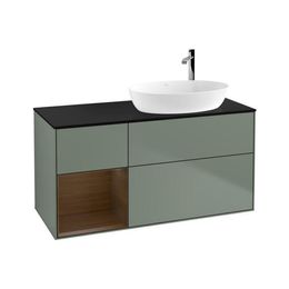 Villeroy & Boch Villeroy und Boch Finion Waschtischunterschrank F922GNGM 120cm, Abdeckplatte black matt, Regale Walnut Veneer, Olive Matt Lacquer