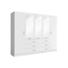 Kleiderschrank Home Affaire "KOS Garderobe mit 6 Schubladen, Kleiderstange, 5 Einlegeböden, Spiegel", weiß, B:250cm H:200,5cm T:58cm, Melamin, Schränke, Wäscheschrank mit 5 Drehtüren, silber Griffen, Maße B/H/T 250/200/58cm