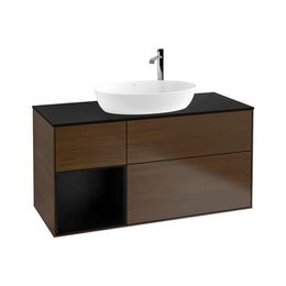 Villeroy & Boch Villeroy und Boch Finion Waschtischunterschrank F942PDGN 120cm, Abdeckplatte black matt, Regale Black matt lacquer, Walnut veneer