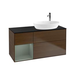Villeroy & Boch Villeroy und Boch Finion Waschtischunterschrank G922GMGN 120cm, Abdeckplatte black matt, Emotion, Regale Olive matt lacquer, Walnut veneer