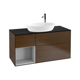 Villeroy & Boch Villeroy und Boch Finion Waschtischunterschrank F942GJGN 120cm, Abdeckplatte black matt, Regale Light grey matt lacquer, Walnut veneer