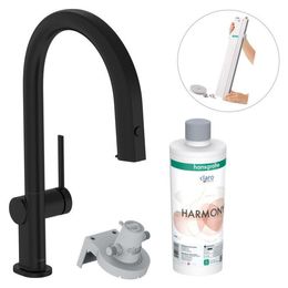 Hansgrohe Aqittura M91 Küchenarmatur 76800670 mit Ausziehauslauf, 1jet, sBox, Starter Set, mattschwarz