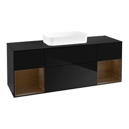 Villeroy & Boch Villeroy und Boch Finion Waschtischunterschrank F742GNPH 160x60,3x50,1cm, Regale Walnut veneer, Glossy Black Lacquer