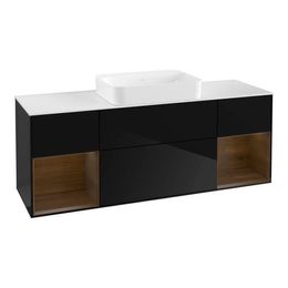 Villeroy & Boch Villeroy und Boch Finion Waschtischunterschrank G741GNPH 160x60,3x50,1cm, Regale Walnut veneer, Glossy Black Lacquer