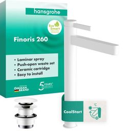 Hansgrohe Finoris Einhebel-Waschtischarmatur 76072700 mit Push-Open-Ablaufgarnitur, Ausladung 208mm, wei&szlig; matt