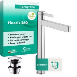 Hansgrohe Finoris Einhebel-Waschtischarmatur 76072000 mit Push-Open-Ablaufgarnitur, Ausladung 208mm, chrom