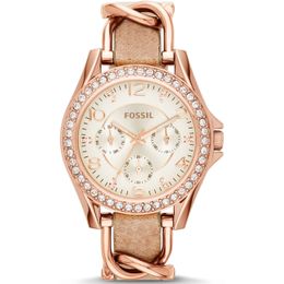 Multifunktionsuhr Fossil "RILEY", rosa (beige, roségoldfarben), Armbanduhren, Damen, Quarzuhr, Armbanduhr, Damenuhr, Datum, Glassteine, Lederarmband