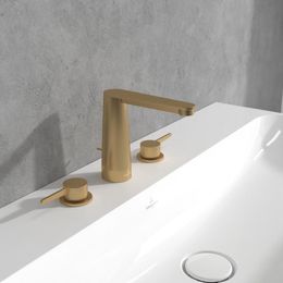 Villeroy & Boch Villeroy und Boch Conum Dreiloch-Waschtischarmatur TVW12700100076 mit Zugstangen- Ablaufgarnitur, brushed gold