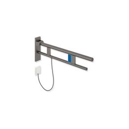 HEWI System 900 St&uuml;tzklappgriff 900.50.20160SC Ausladung 850 mm, Edelstahl pulverbeschichtet dunkelgrau perlglimmer tiefmatt, links, E-Sp&uuml;lausl&ouml;sung