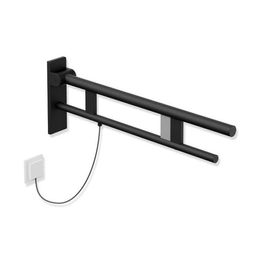 HEWI System 900 St&uuml;tzklappgriff 900.50.20460DC Ausladung 750 mm, Edelstahl pulverbeschichtet schwarz tiefmatt, rechts, E-Sp&uuml;lausl&ouml;sung