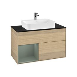 Villeroy & Boch Villeroy und Boch Finion Waschtischunterschrank F362GMPC 100cm, Abdeckplatte black matt, Regal links Olive Matt Lacquer, Oak Veneer