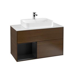 Villeroy & Boch Villeroy und Boch Finion Waschtischunterschrank F361PDGN 100cm, Abdeckplatte white matt, Regal links Black matt lacquer, Walnut veneer