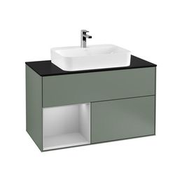Villeroy & Boch Villeroy und Boch Finion Waschtischunterschrank F362GJGM 100cm, Abdeckplatte black matt, Regal links Light grey matt, Olive Matt Lacquer