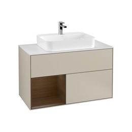 Villeroy & Boch Villeroy und Boch Finion Waschtischunterschrank F361GNHH 100cm, Abdeckplatte white matt, Regal links Walnut veneer, Sand Matt Lacquer