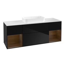 Villeroy & Boch Villeroy und Boch Finion Waschtischunterschrank G331GNPH 160cm, Abdeckplatte white matt, Emotion, Regale Walnut veneer, Glossy Black Lacquer