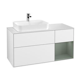 Villeroy & Boch Villeroy und Boch Finion Waschtischunterschrank F401GMGF 120cm, Abdeckplatte white matt, Regal rechts Olive Matt Lacquer, Glossy white lacquer