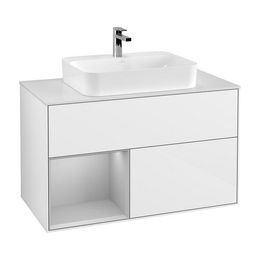 Villeroy & Boch Villeroy und Boch Finion Waschtischunterschrank F361GJGF 100cm, Abdeckplatte white matt, Regal links Light grey matt, Glossy white lacquer