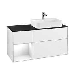 Villeroy & Boch Villeroy und Boch Finion Waschtischunterschrank F392GFGF 120cm, Abdeckplatte black matt, Regal links Glossy white lacquer, Glossy white lacquer