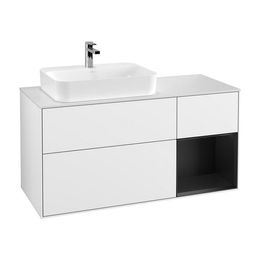 Villeroy & Boch Villeroy und Boch Finion Waschtischunterschrank F401PDGF 120cm, Abdeckplatte white matt, Regal rechts Black matt lacquer, Glossy white lacquer