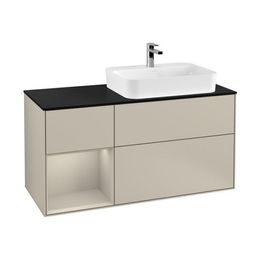 Villeroy & Boch Villeroy und Boch Finion Waschtischunterschrank F392HHHH 120cm, Abdeckplatte black matt, Regal links Sand Matt Lacquer, Sand Matt Lacquer