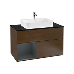 Villeroy & Boch Villeroy und Boch Finion Waschtischunterschrank G362HGGN 100cm, Abdeckplatte black matt, Emotion, Regal links Midnight Blue Matt Lacquer, Walnut veneer
