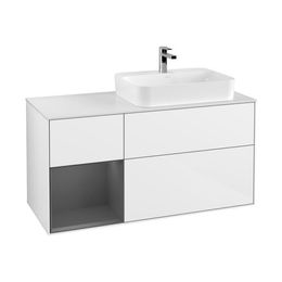 Villeroy & Boch Villeroy und Boch Finion Waschtischunterschrank F391GKGF 120cm, Abdeckplatte white matt, Regal links Anthracite matt, Glossy white lacquer