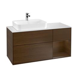 Villeroy & Boch Villeroy und Boch Finion Waschtischunterschrank F401GNGN 120cm, Abdeckplatte white matt, Regal rechts Walnut veneer, Walnut veneer