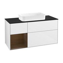 Villeroy & Boch Villeroy und Boch Finion Waschtischunterschrank G292GNGF 120cm, Abdeckplatte black matt, Emotion, Regal links Walnut veneer, Glossy white lacquer