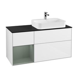 Villeroy & Boch Villeroy und Boch Finion Waschtischunterschrank G392GMGF 120cm, Abdeckplatte black matt, Emotion, Regal links Olive Matt Lacquer, Glossy white lacquer