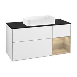 Villeroy & Boch Villeroy und Boch Finion Waschtischunterschrank F302PCGF 120cm, Abdeckplatte black matt, Regal rechts Oak Veneer, Glossy white lacquer
