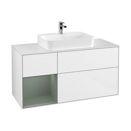 Villeroy & Boch Villeroy und Boch Finion Waschtischunterschrank F411GMGF 120cm, Abdeckplatte white matt, Regal links Olive Matt Lacquer, Glossy white lacquer