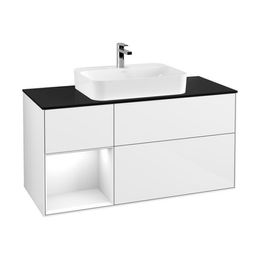 Villeroy & Boch Villeroy und Boch Finion Waschtischunterschrank G412GFGF 120cm, Abdeckplatte black matt, Emotion, Regal links Glossy white lacquer, Glossy white lacquer