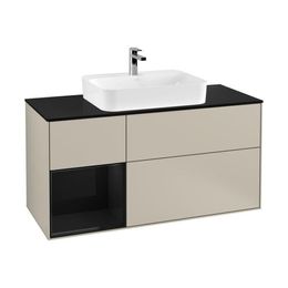 Villeroy & Boch Villeroy und Boch Finion Waschtischunterschrank F412PHHH 120cm, Abdeckplatte black matt, Regal links Glossy Black Lacquer, Sand Matt Lacquer