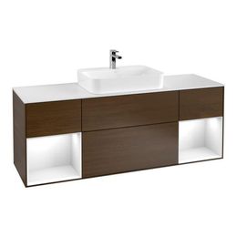 Villeroy & Boch Villeroy und Boch Finion Waschtischunterschrank G451GFGN 160cm, Abdeckplatte white matt, Emotion, Regale Glossy white lacquer, Walnut veneer