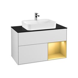 Villeroy & Boch Villeroy und Boch Finion Waschtischunterschrank G372HFMT 100cm, Abdeckplatte black matt, Emotion, Regal rechts Gold matt, White matt lacquer