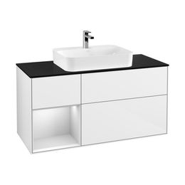 Villeroy & Boch Villeroy und Boch Finion Waschtischunterschrank G412MTGF 120cm, Abdeckplatte black matt, Emotion, Regal links White matt lacquer, Glossy white lacquer
