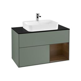 Villeroy & Boch Villeroy und Boch Finion Waschtischunterschrank G372GNGM 100cm, Abdeckplatte black matt, Emotion, Regal rechts Walnut veneer, Olive Matt Lacquer