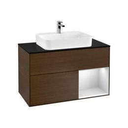 Villeroy & Boch Villeroy und Boch Finion Waschtischunterschrank F372MTGN 100cm, Abdeckplatte black matt, Regal rechts White matt lacquer, Walnut veneer