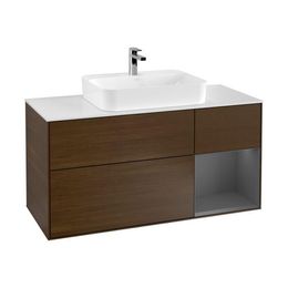 Villeroy & Boch Villeroy und Boch Finion Waschtischunterschrank G421GKGN 120cm, Abdeckplatte white matt, Emotion, Regal rechts Anthracite matt, Walnut veneer