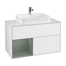 Villeroy & Boch Villeroy und Boch Finion Waschtischunterschrank G361GMGF 100cm, Abdeckplatte white matt, Emotion, Regal links Olive Matt Lacquer, Glossy white lacquer