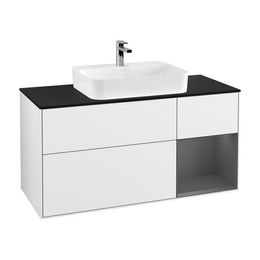 Villeroy & Boch Villeroy und Boch Finion Waschtischunterschrank F422GKGF 120cm, Abdeckplatte black matt, Regal rechts Anthracite matt, Glossy white lacquer