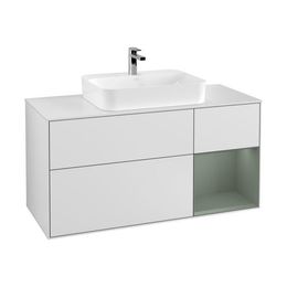 Villeroy & Boch Villeroy und Boch Finion Waschtischunterschrank G421GMMT 120cm, Abdeckplatte white matt, Emotion, Regal rechts Olive matt, White matt lacquer