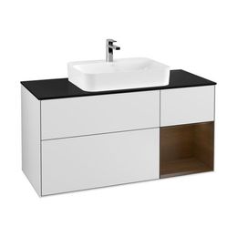 Villeroy & Boch Villeroy und Boch Finion Waschtischunterschrank F422GNMT 120cm, Abdeckplatte black matt, Regal rechts Walnut veneer, White matt lacquer