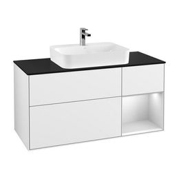 Villeroy & Boch Villeroy und Boch Finion Waschtischunterschrank G422MTGF 120cm, Abdeckplatte black matt, Emotion, Regal rechts White matt, Glossy white lacquer